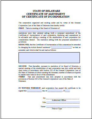 Delaware Certificate of Amendment Order Form